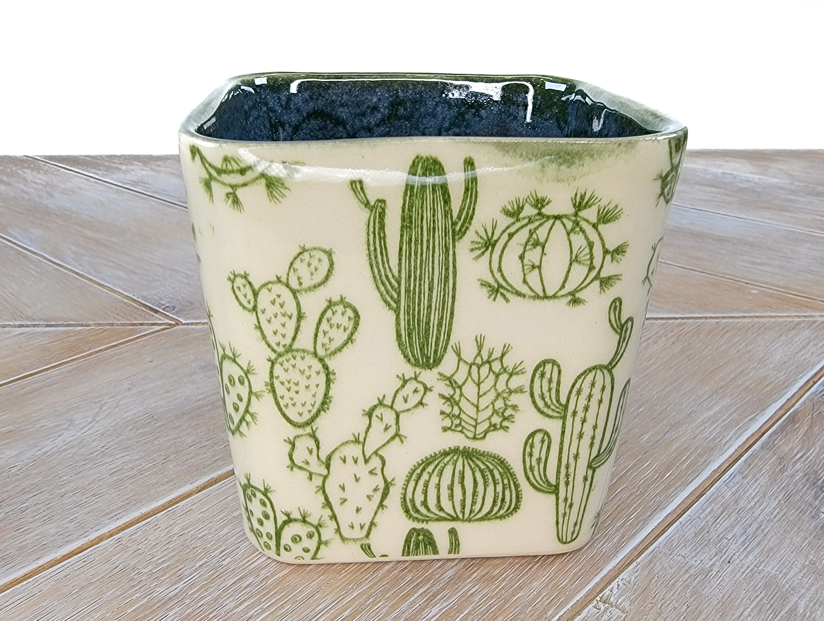 Green Cactus Planter White Cacti Decor Pattern Ceramic Pottery Plant ...