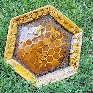 Ceramic Bee Honeycomb Hexagon Tray Dish Plate Pottery Amber Crystal ...