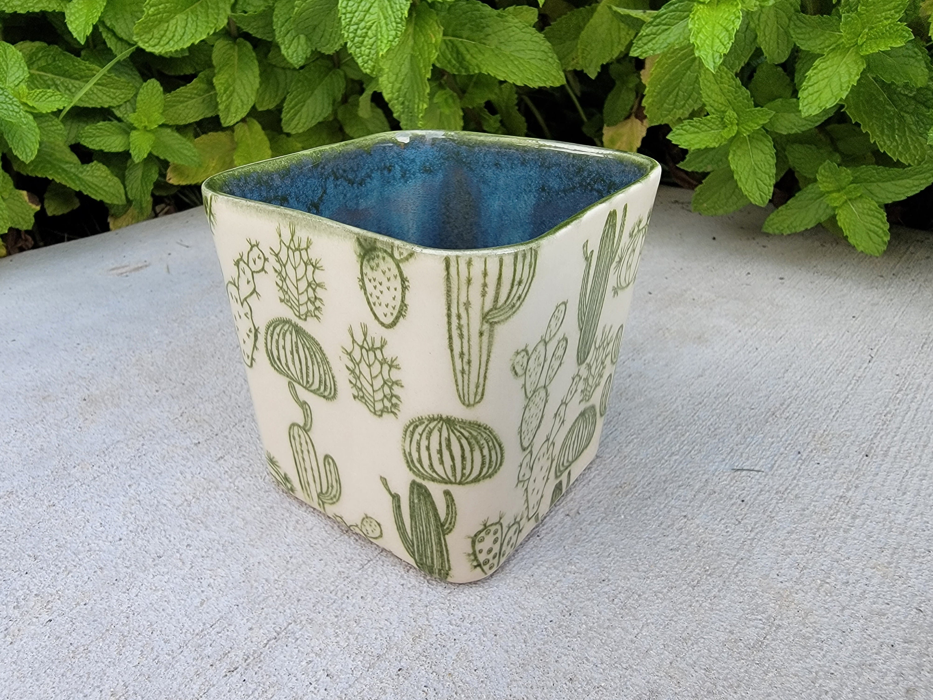 Green Cactus Planter White Cacti Decor Pattern Ceramic Pottery Plant ...