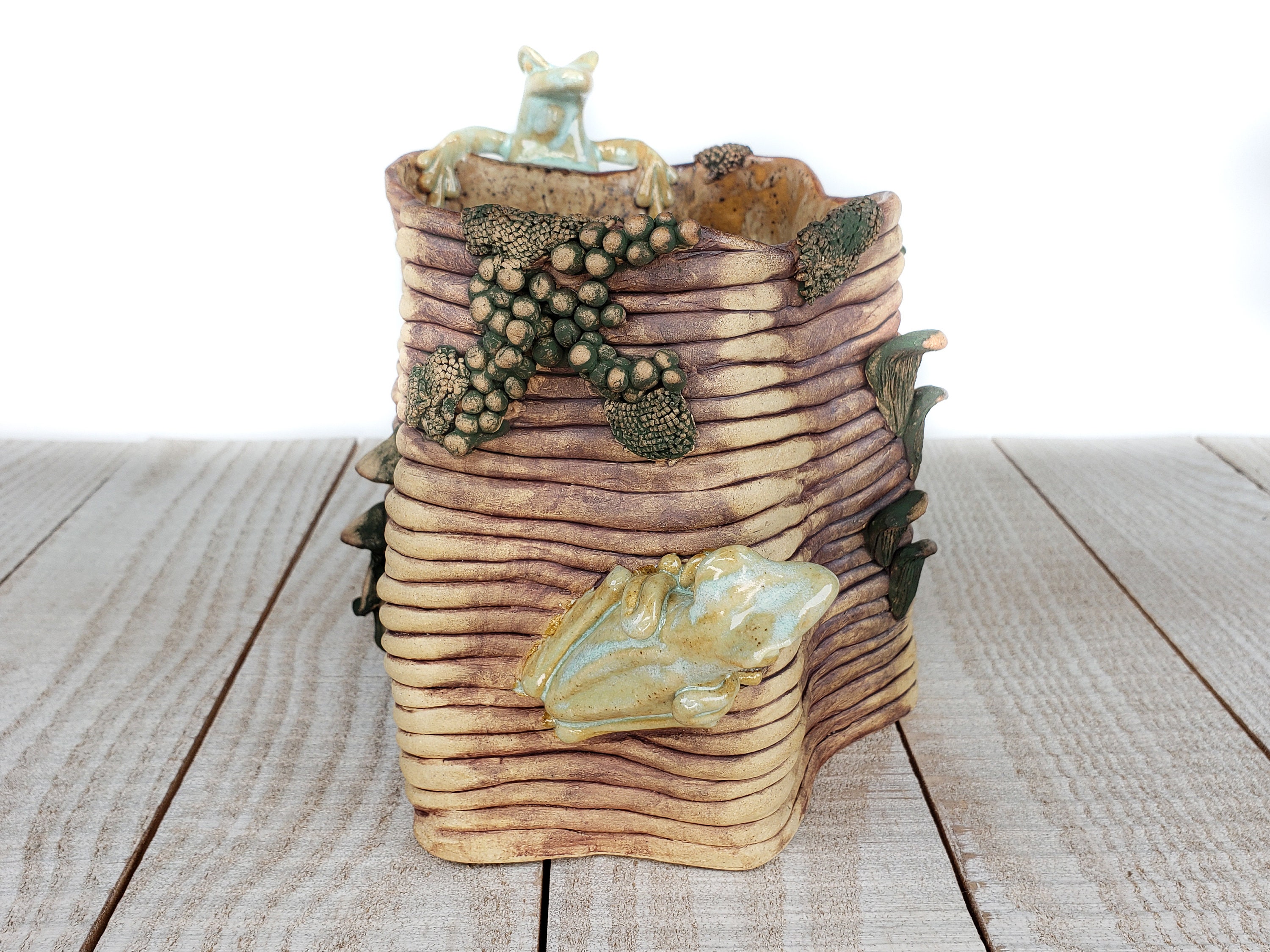 Green Frog Tree Trunk Ceramic Coil Planter Decor Cactus | Etsy