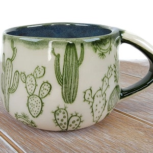 Green Cactus Cup White Cacti Decor Pattern Ceramic Pottery - Etsy