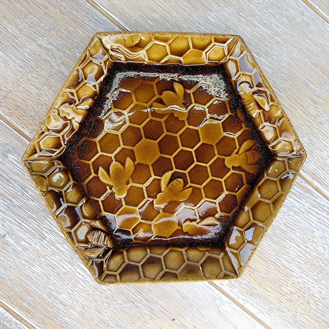 Ceramic Bee Honeycomb Hexagon Tray Dish Plate Pottery Amber Crystal ...