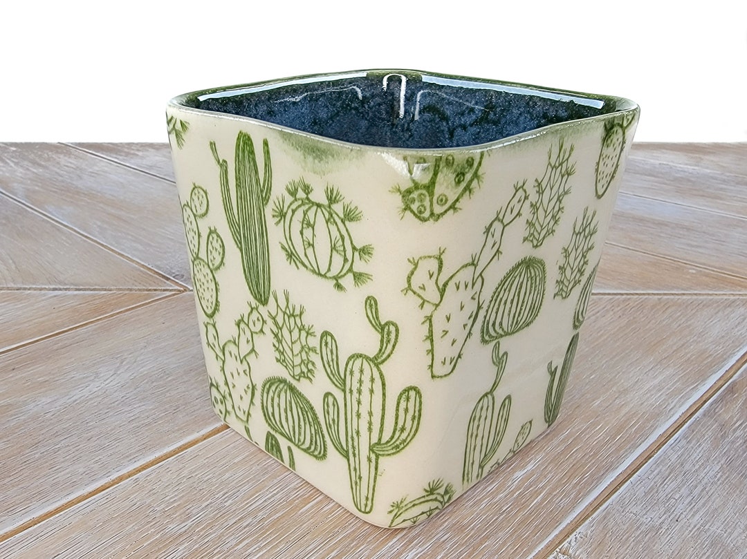 Green Cactus Planter White Cacti Decor Pattern Ceramic Pottery Plant ...