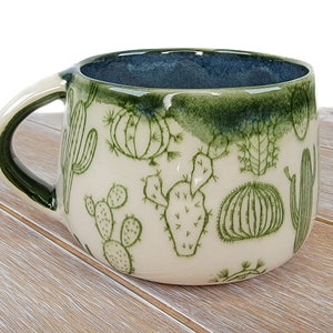 Green Cactus Cup White Cacti Decor Pattern Ceramic Pottery - Etsy