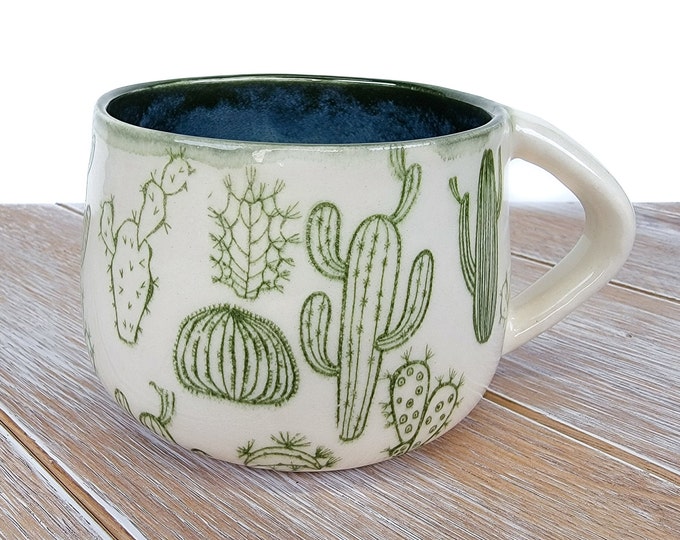 Green Cactus Cup White Cacti Decor Pattern Ceramic Pottery Coffee Mug Cup Handmade Pottery Dark ...