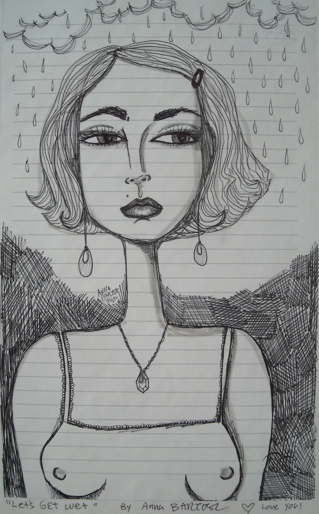 Original Wet Girl Pen Drawing Illustration on Paper - Etsy