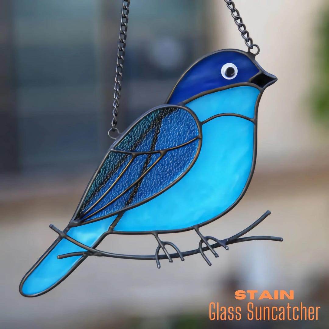 Blue Chickadee Bird Stained Glass Suncatcher Handmade Window Decor ...