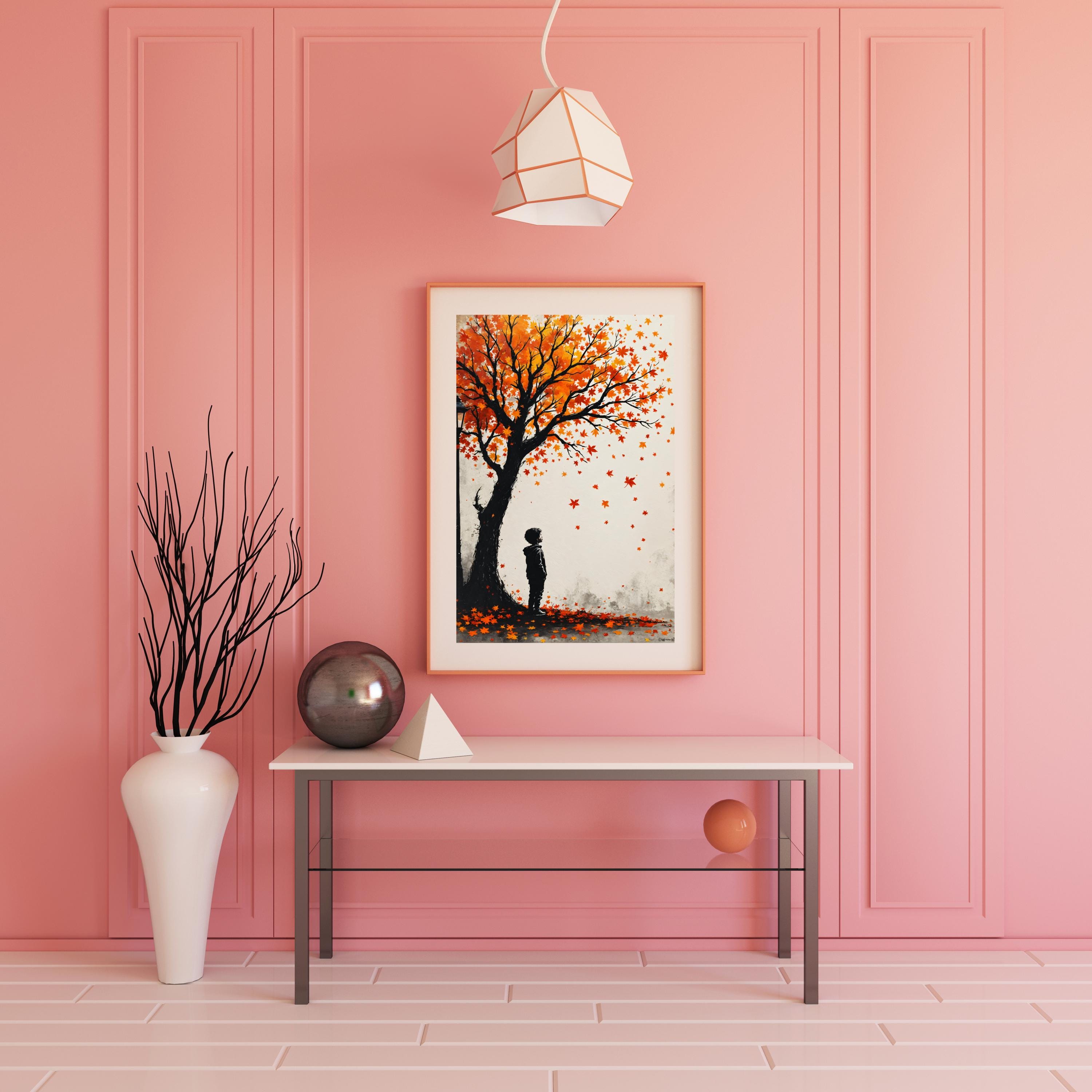 Graffiti Boy Falling Leaves Tree Art Print, Fall Season Tranquility ...