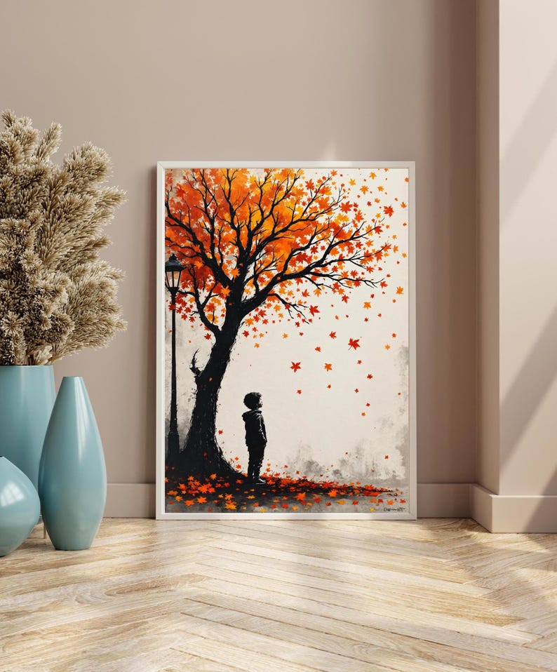 Graffiti Boy Falling Leaves Tree Art Print, Fall Season Tranquility ...