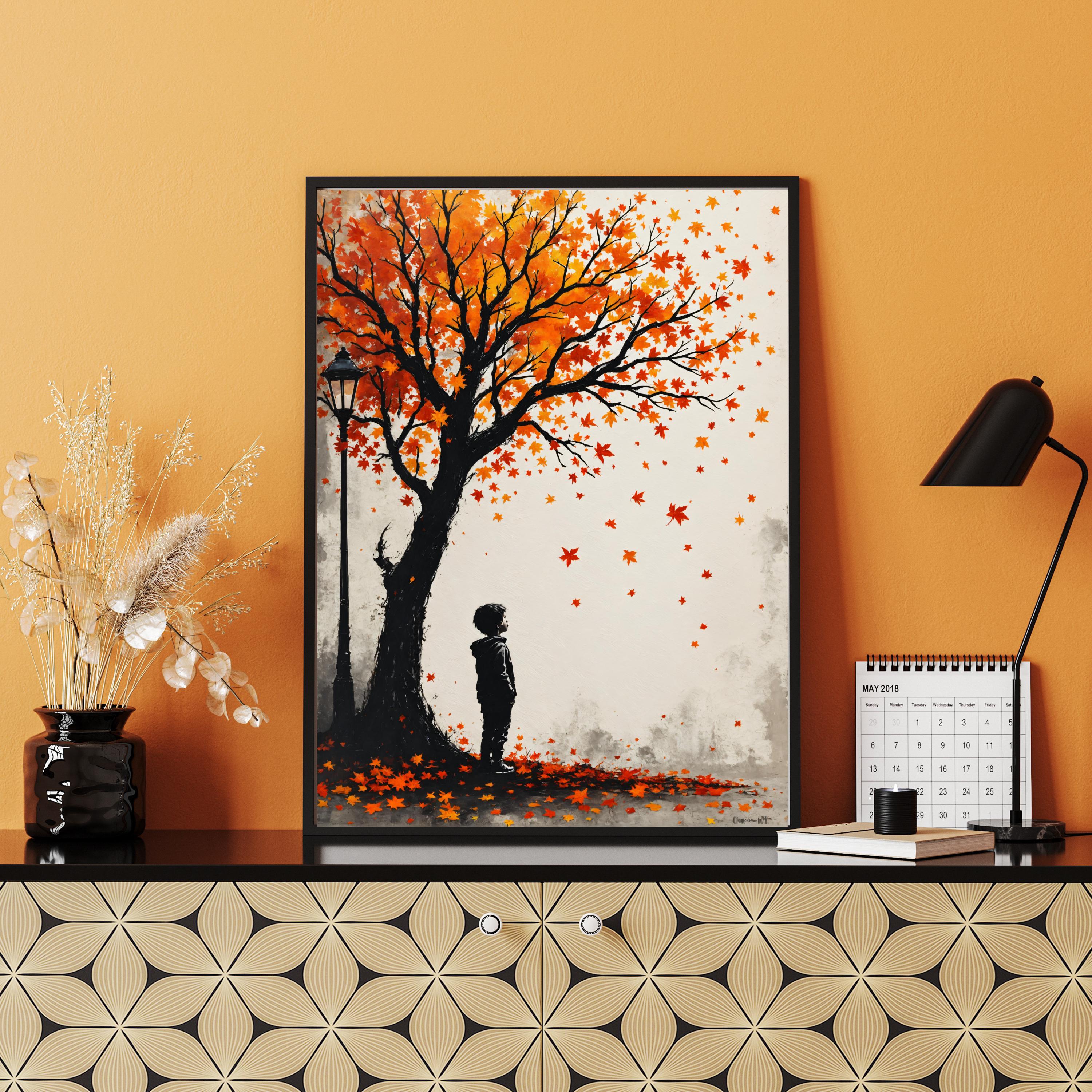Graffiti Boy Falling Leaves Tree Art Print, Fall Season Tranquility ...