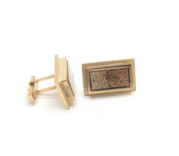 Vintage Rectangle Gold Tone Faux Marble Stone Cufflin… - Gem