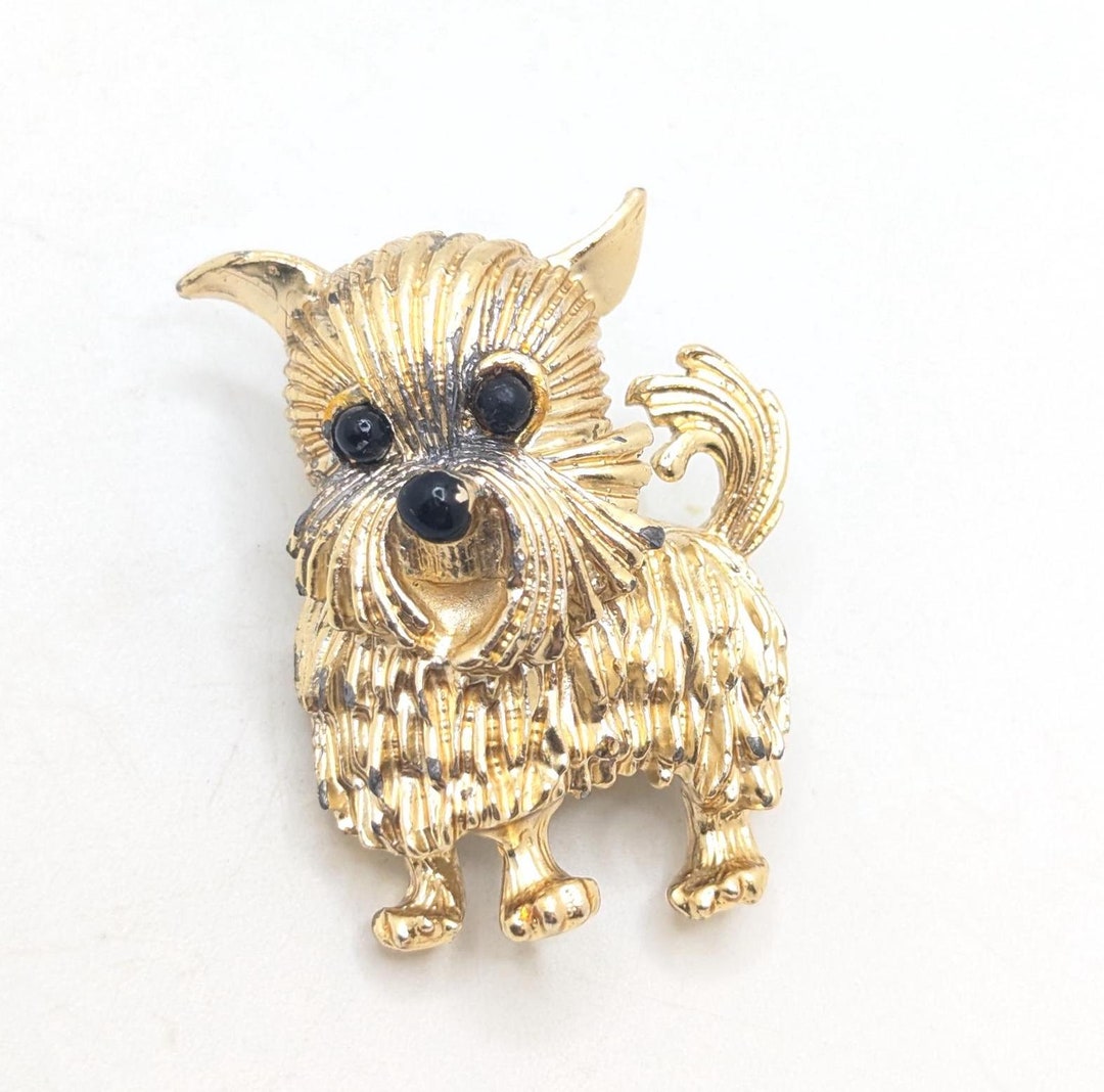 Vintage Yorkie Dog Pup Yorkshire Terrier Gold Brooch Lapel Pin Scatter ...