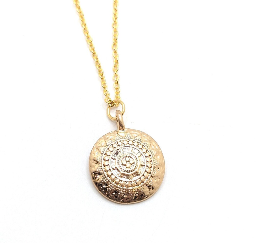 Vintage Round Medallion Gold Tone Aztec Necklace Pendant Charm Gift for ...