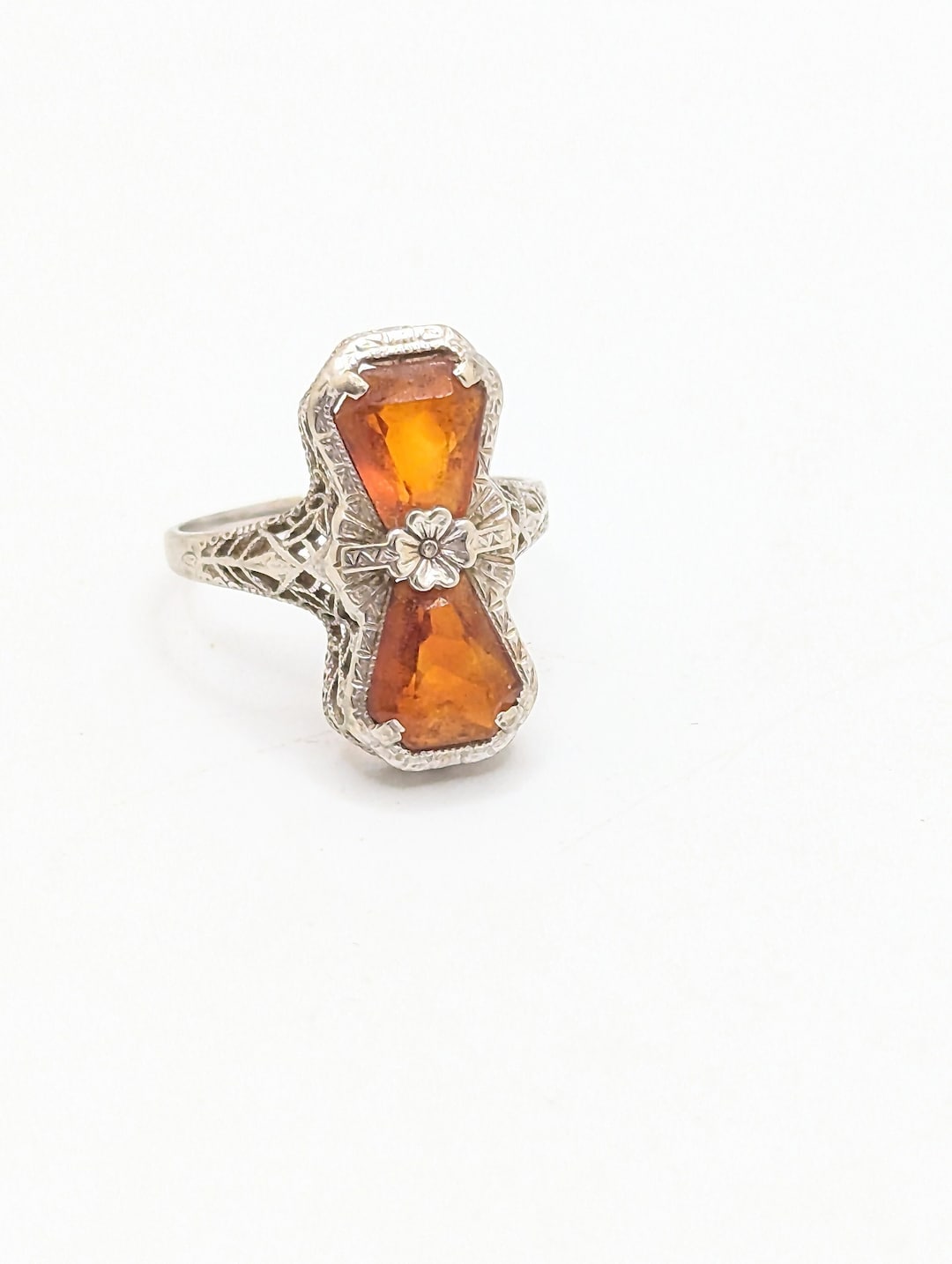 Antique Art Deco 14K White Gold Citrine Stone Ring Ornate Filigree ...