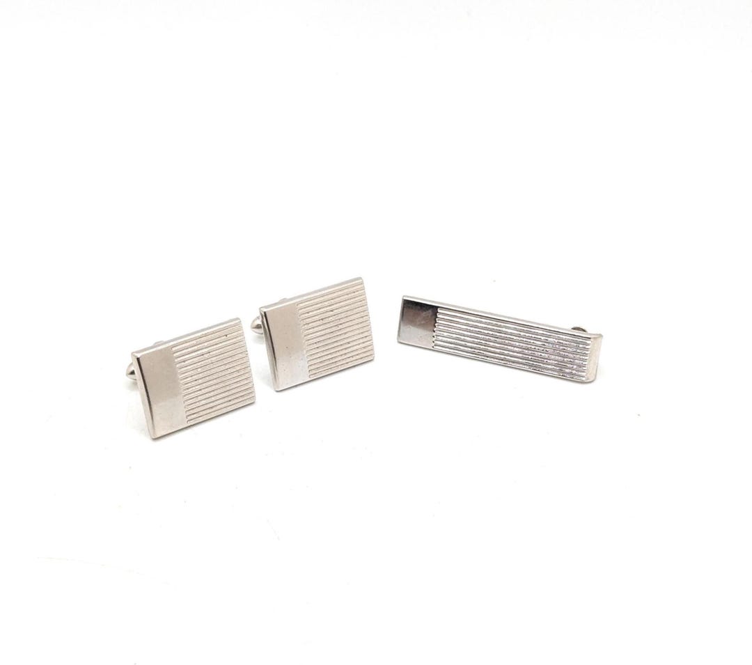 Vintage Swank Silver Modernist Cufflinks Tie Clip Cuff Link Links Mens ...