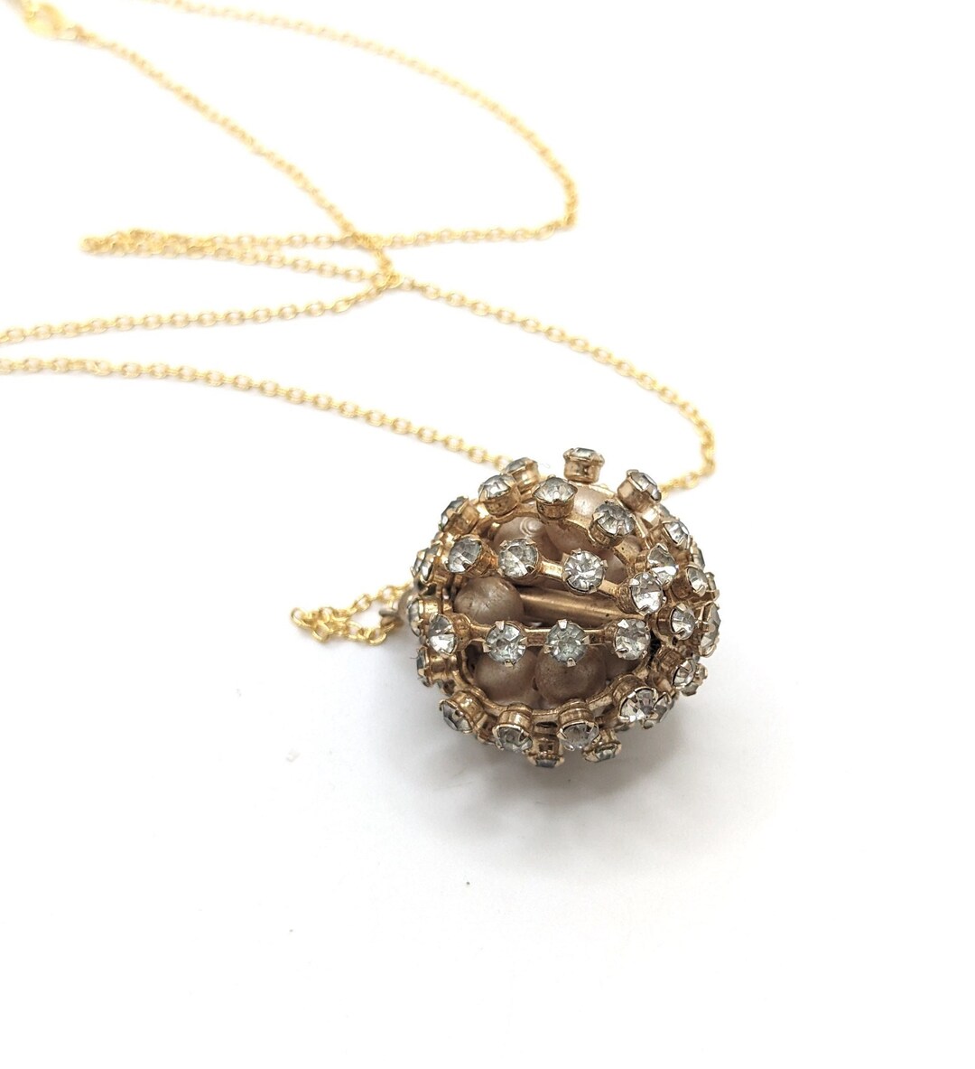 Vintage 1950s 1960s Cage Sphere Faux Pearl Rhinestone Necklace Costume ...