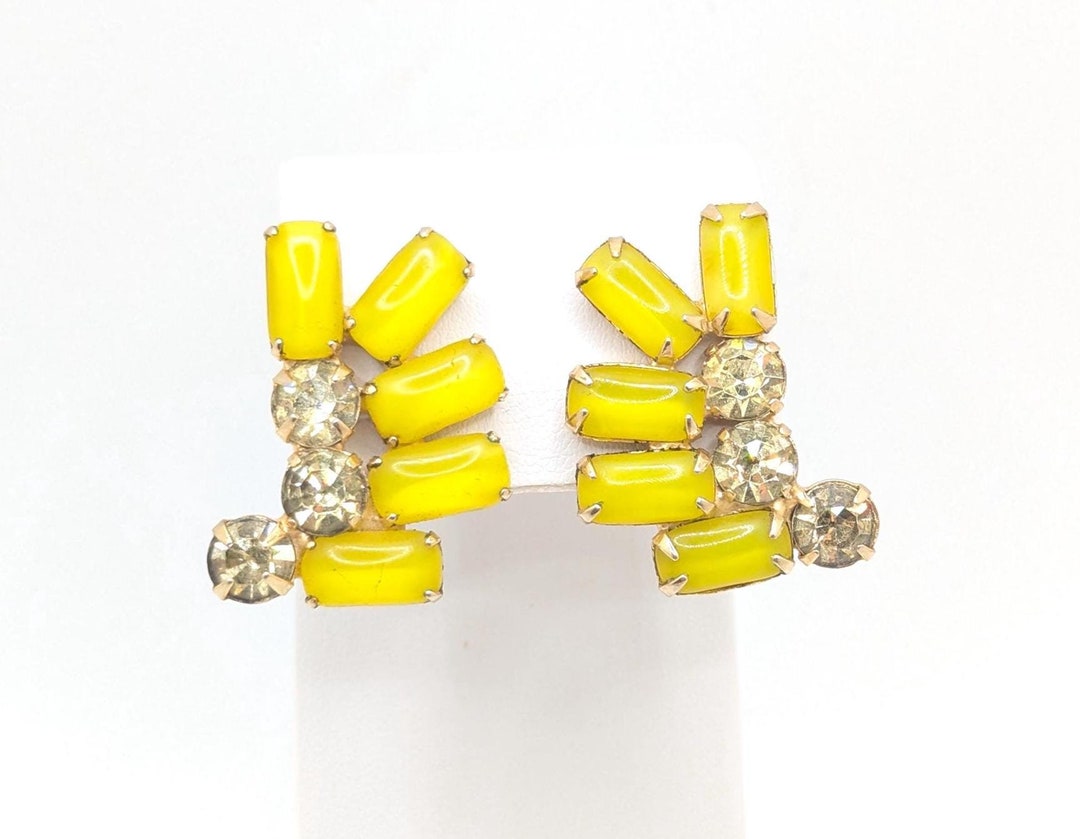 Vintage 1960s Yellow Rhinestone Clip on Earrings Clear Fancy Bling ...