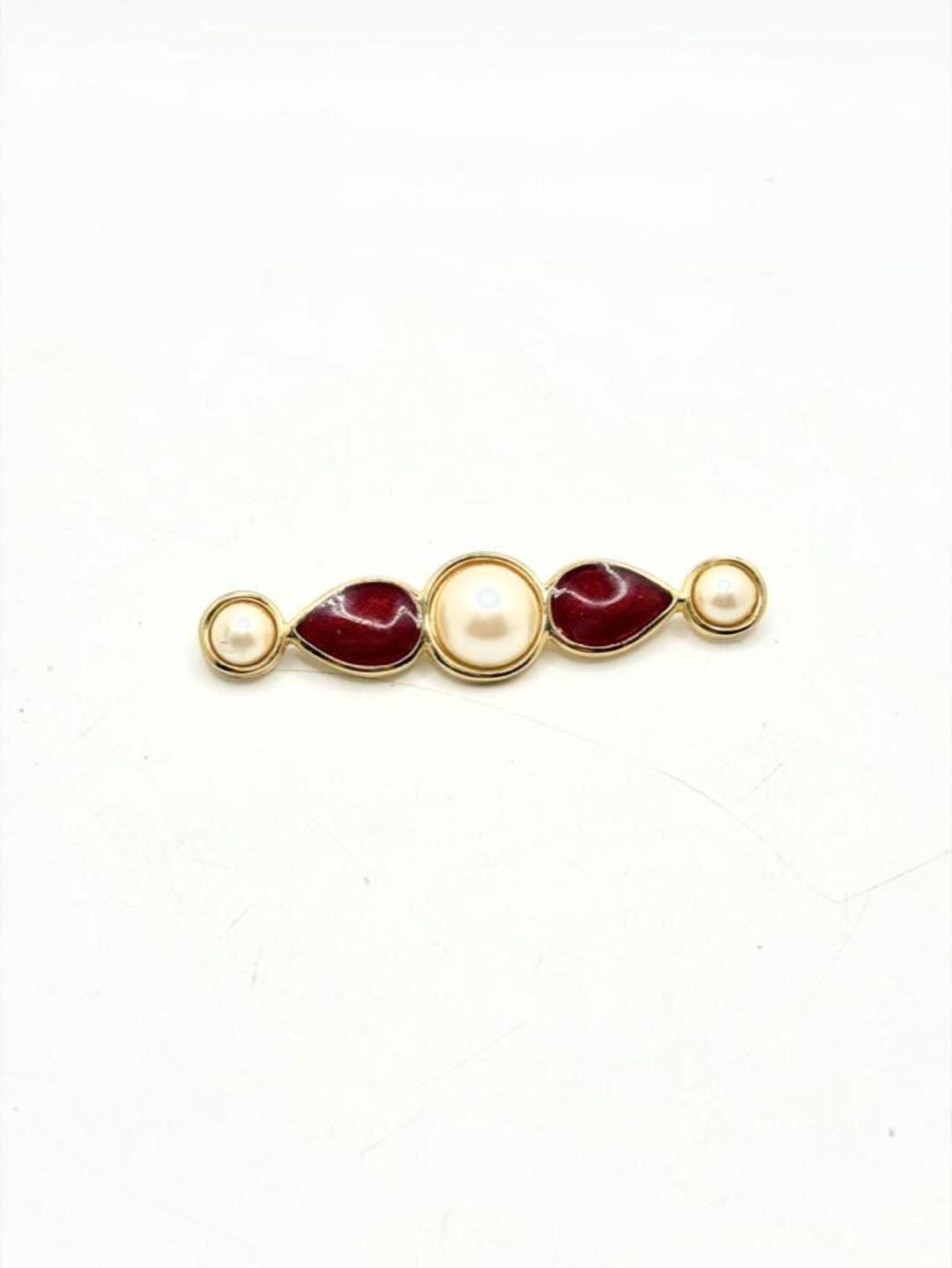 Vintage Red Monet Signed Bar Faux Pearl Brooch Lapel Pin Large Red ...