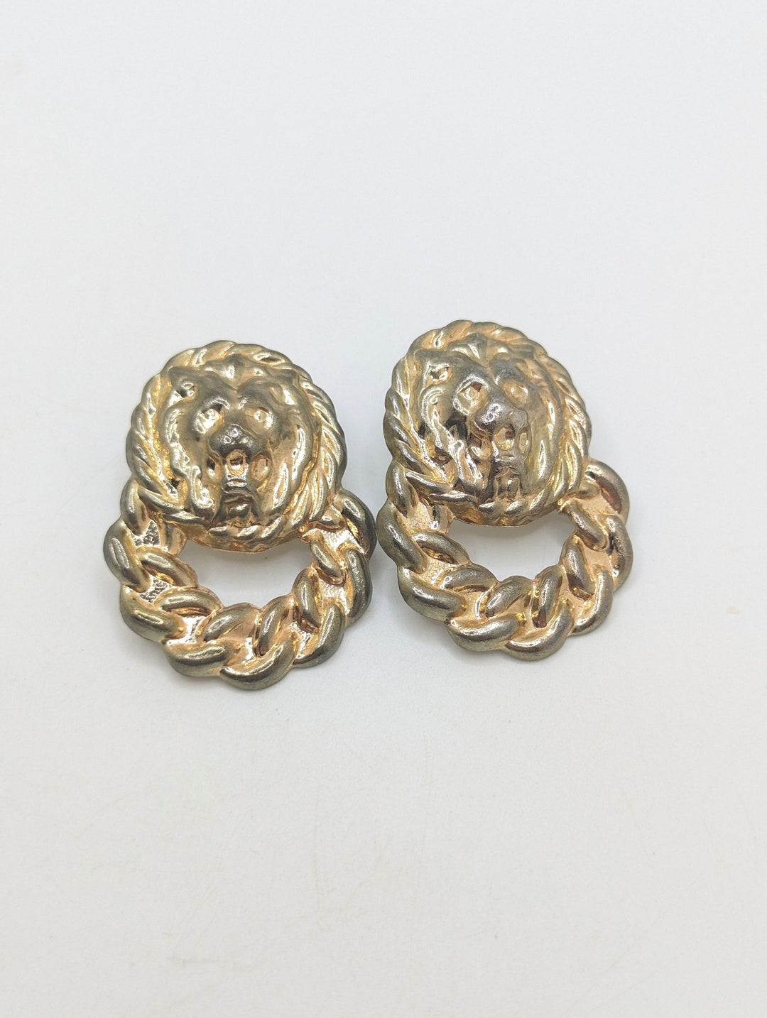 Vintage Large Lion Door Knocker Style Gold Stud Earrings Drop Dangle ...