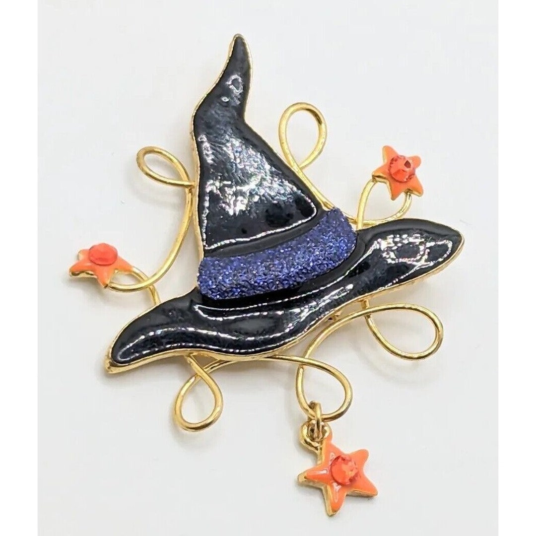 Vintage Halloween Brooch Pin Witch Hat Black Orange Enamel Gold Tone ...
