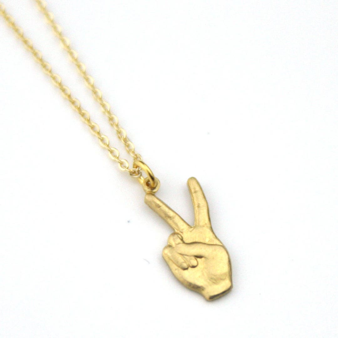 Brass Gold Plated Peace Hand Sign Necklace World Necklace Delicate ...
