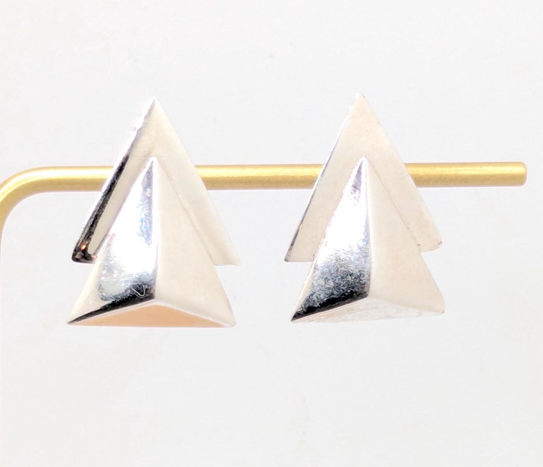 Vintage Double Triangle Silver Drop Dangle Stud Earrings Pierced ...