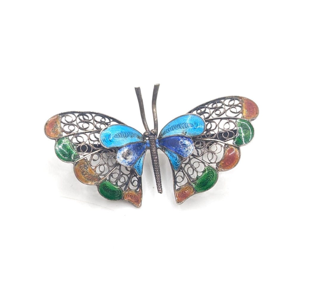 Vintage 800 Silver Butterfly Brooch Colorful Insect Lapel Pin Blue ...