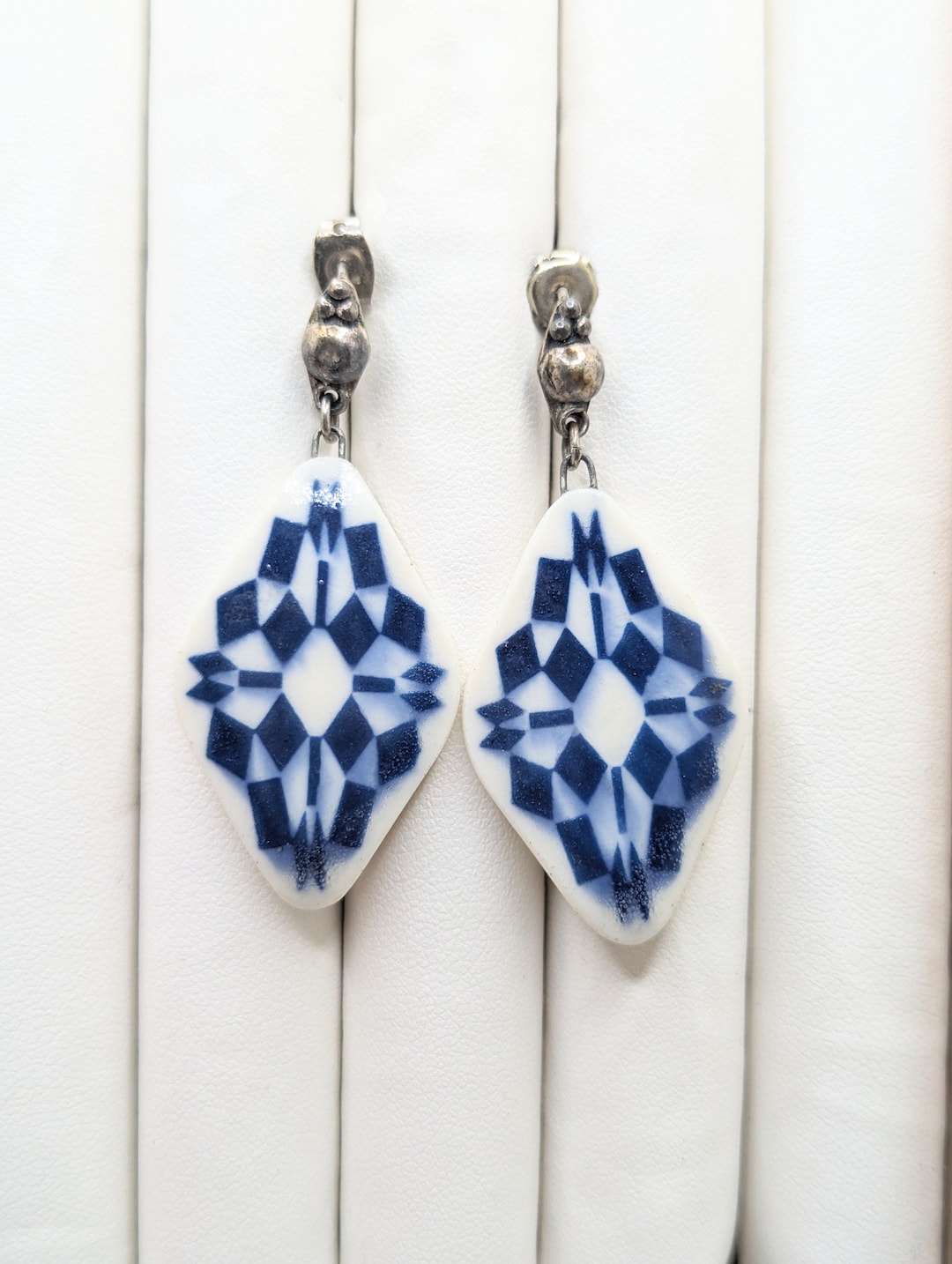 Vintage Diamond Shape Ceramic Tile Hand Painted Mosaic Royal Blue Stud ...