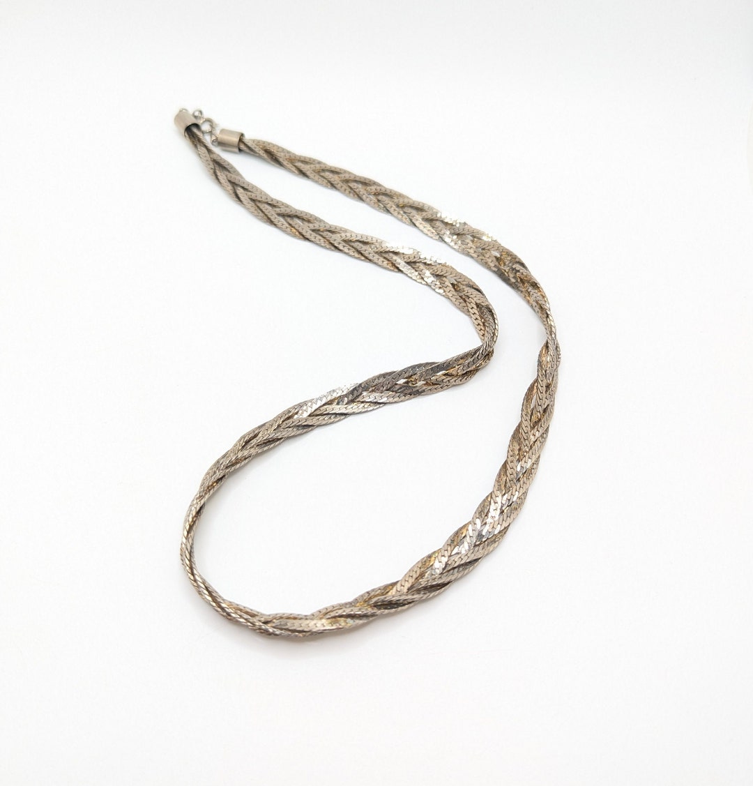 Vintage Long Silver Tone Braided Chain Snake Necklace Minimal Everyday ...
