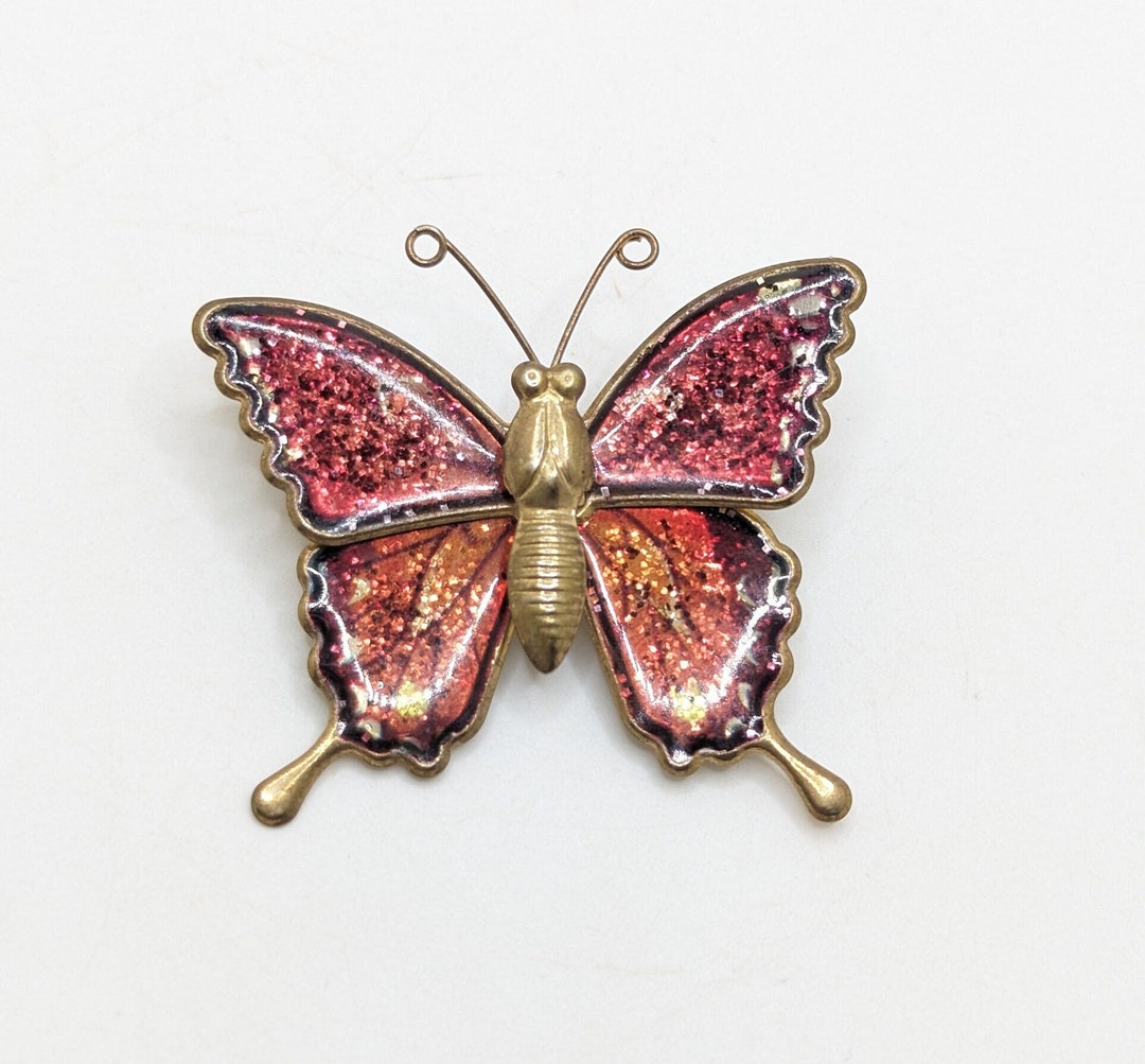 Vintage Butterfly Brooch Lapel Pin Sparkle Resin Brass Gold Insect ...