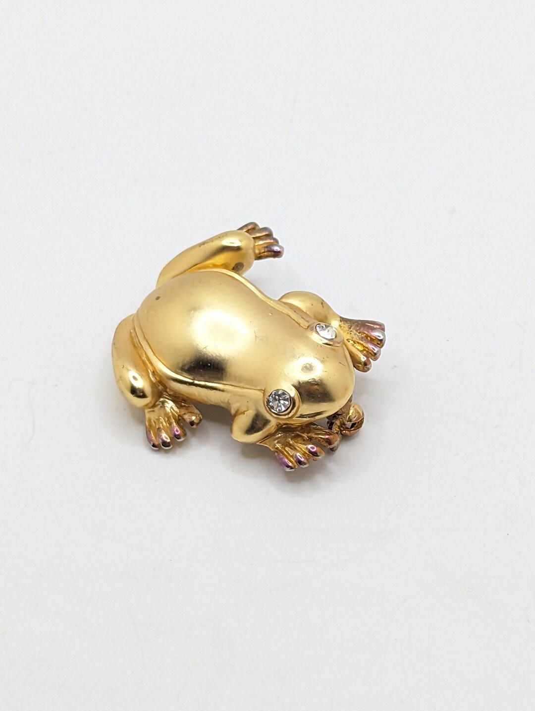 Large Vintage Frog Gold Tone Brooch Lapel Pin Rhinestone Eyes Fun Bling ...