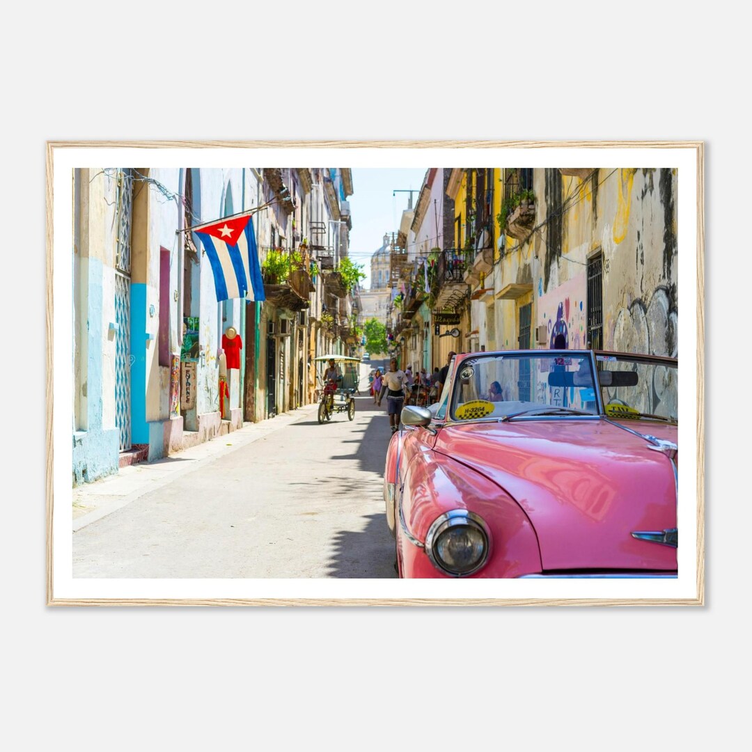 Framed Havana Street Poster - Vintage Cuban Car & Flag - Perfect Wall ...