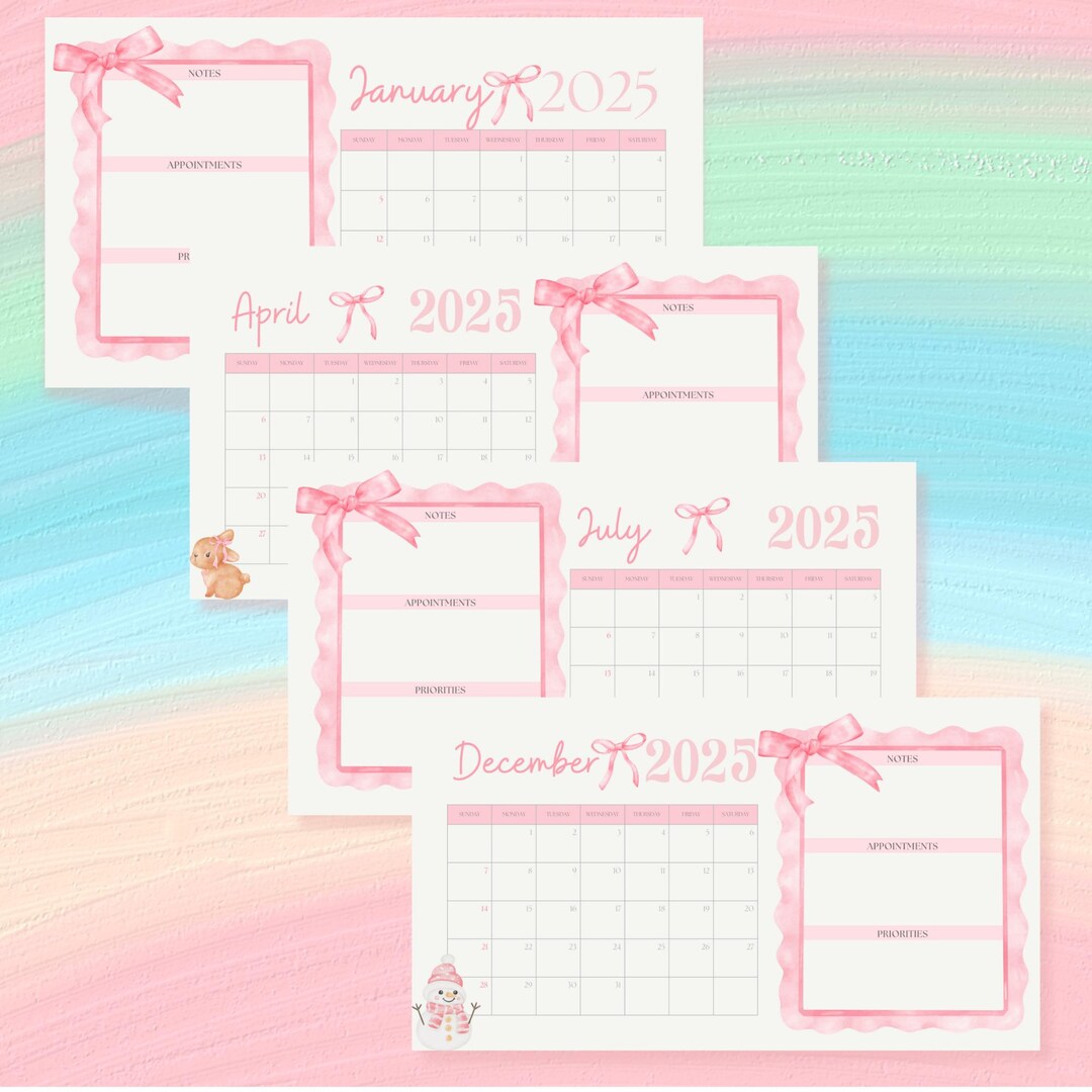 2025 Coquette Aesthetic Pink Calendar | Printable Digital Download ...