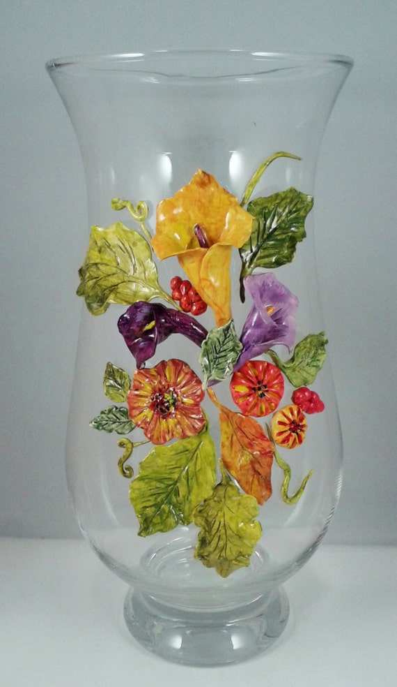 Items similar to Glass Vase with Hand Sculpted and Painted Callas and ...