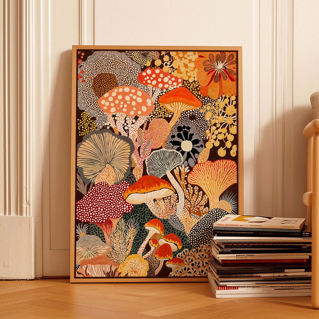 Framed Mushroom Canvas Print: Orange & Brown Botanical Art - Etsy