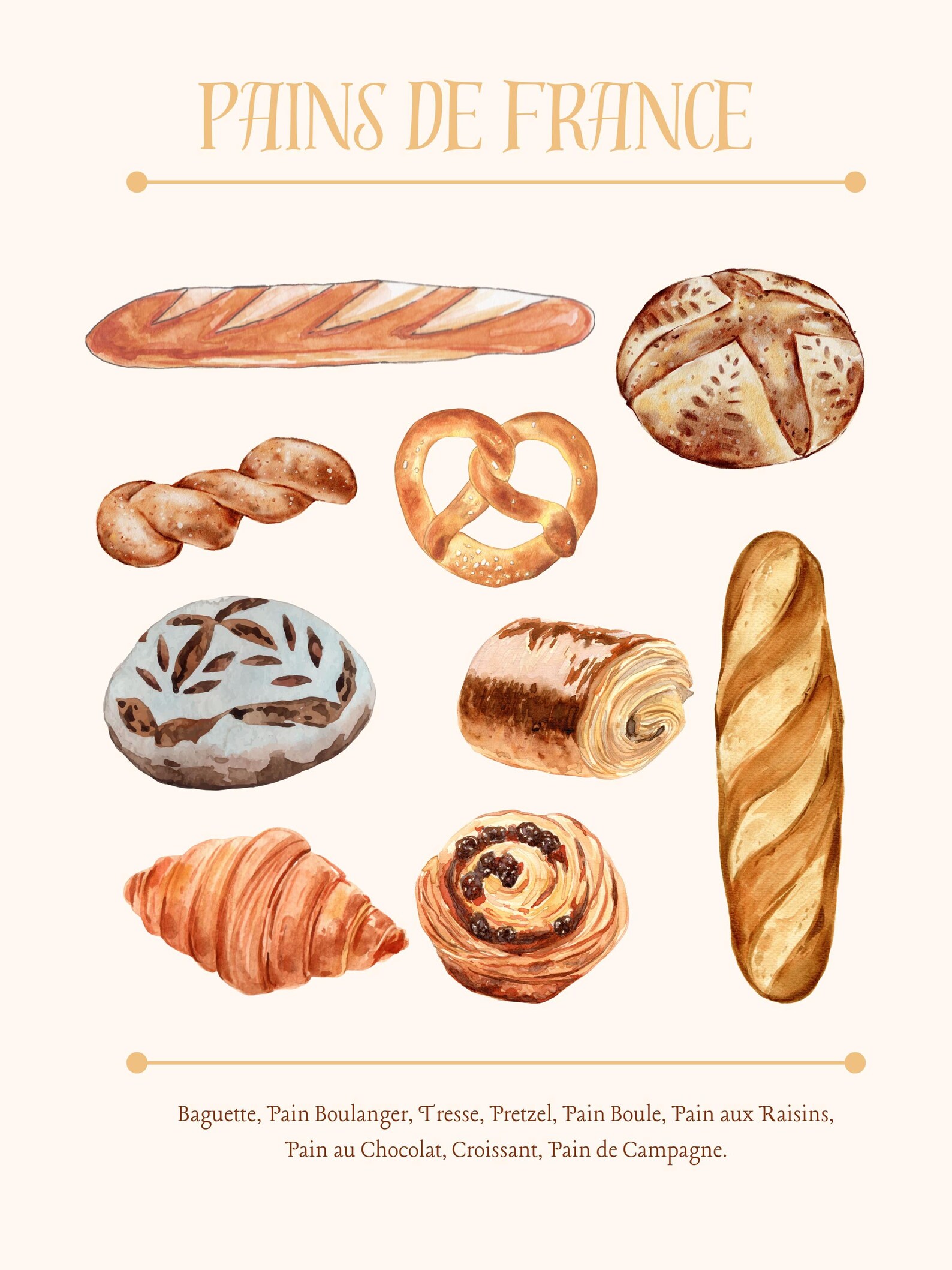 Vintage French Bread Map: Baguette & Croissant Watercolor (download) - Etsy
