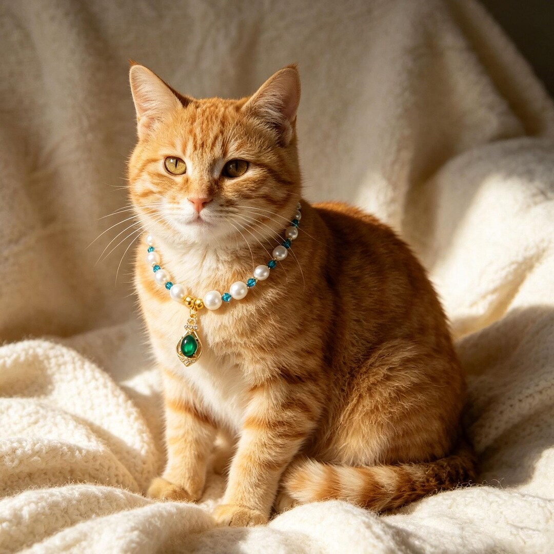 Vintage Pearl Cat Necklace With Green Emerald Pendant, Luxury Pet ...