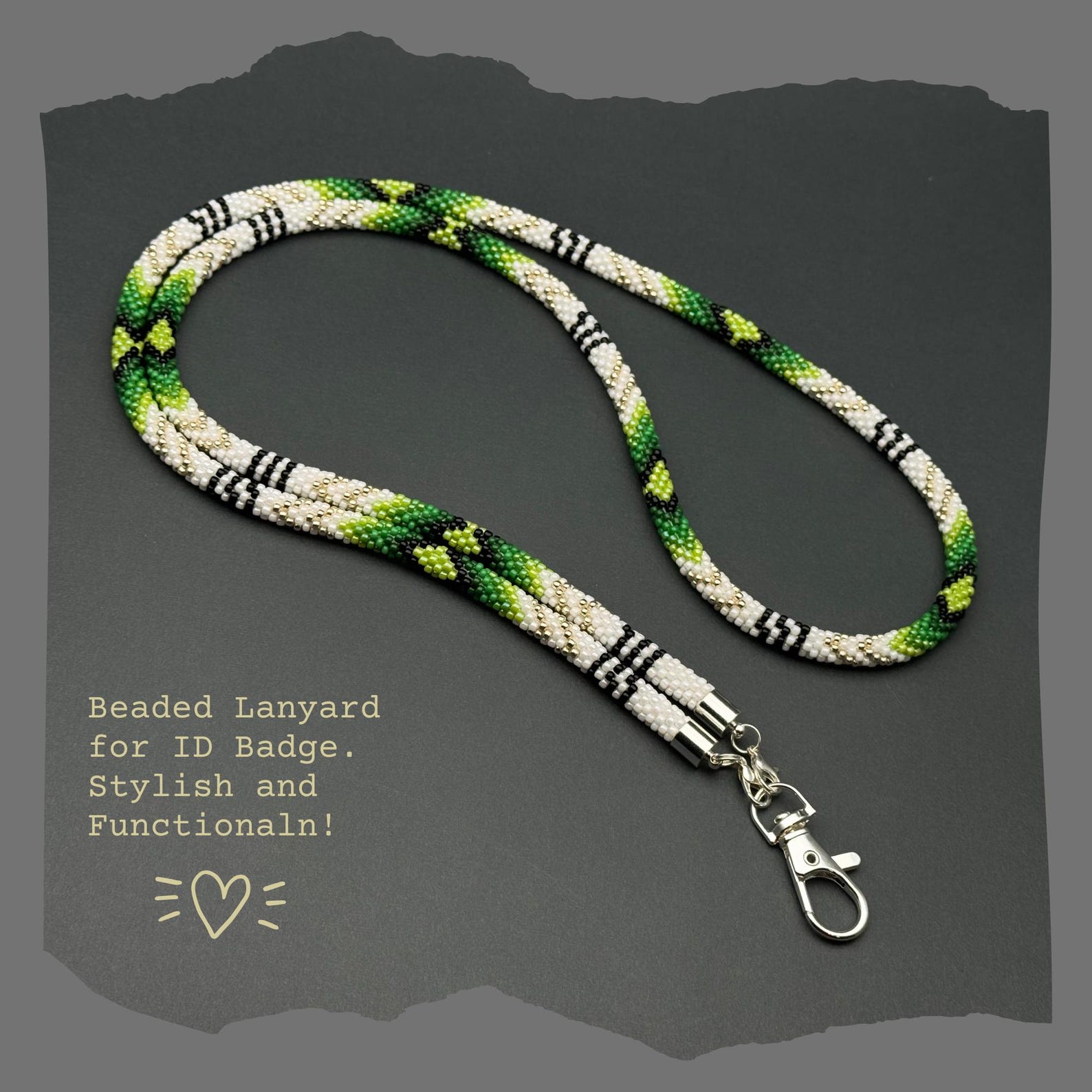 Beaded Lanyard for ID Badges, Native American-inspired, Green and White ...