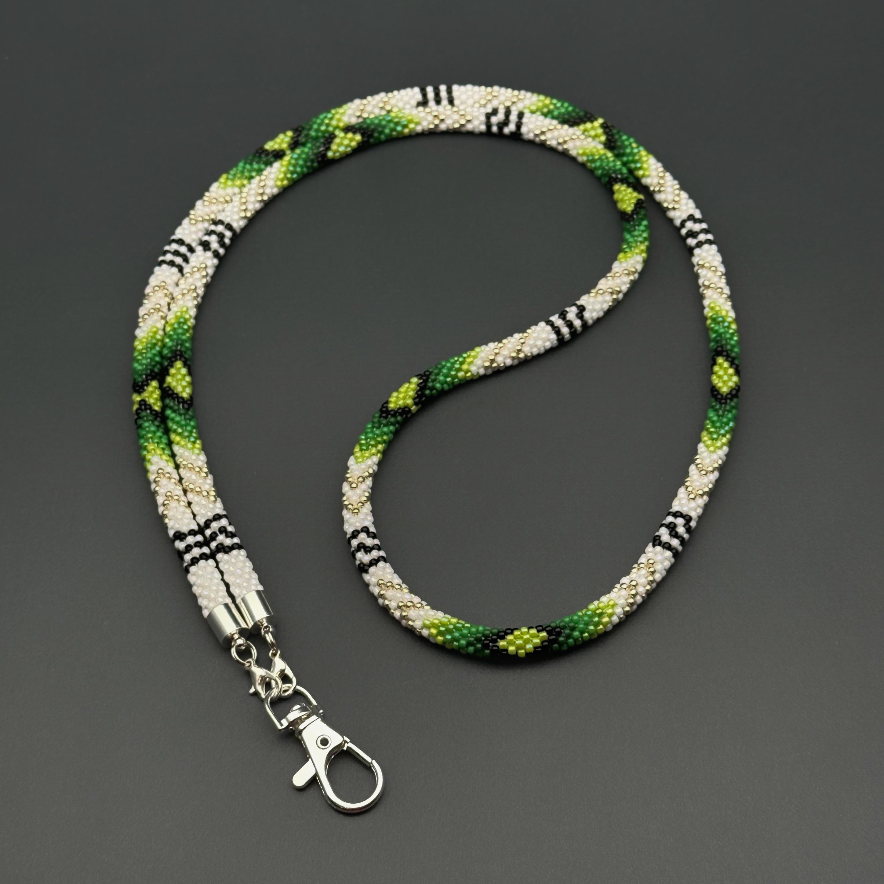 Beaded Lanyard for ID Badges, Native American-inspired, Green and White ...