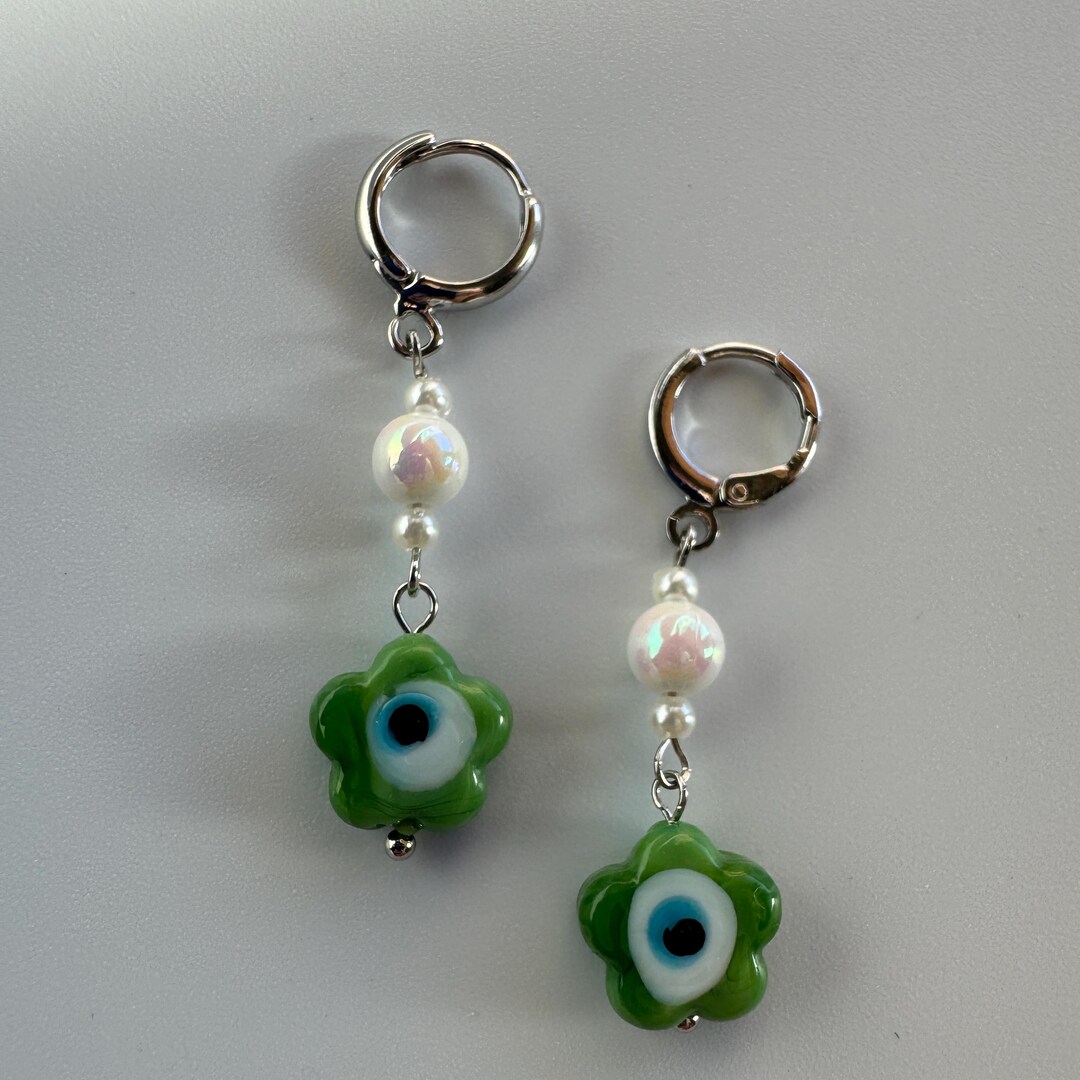 Green Ceramic Evil Eye Flower Earrings - Etsy