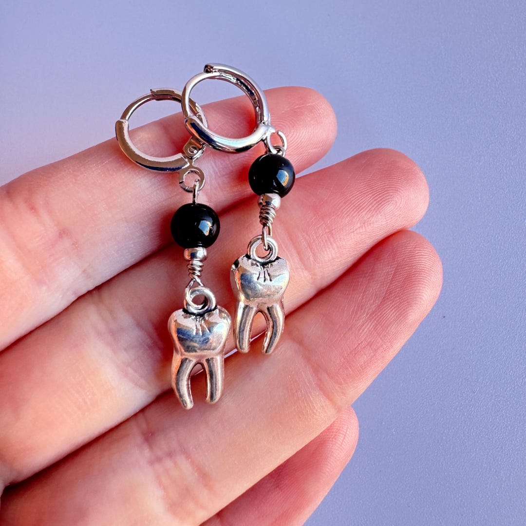Quirky Tooth Charm Dangle Earrings With Natural Black Stone Beads - Etsy