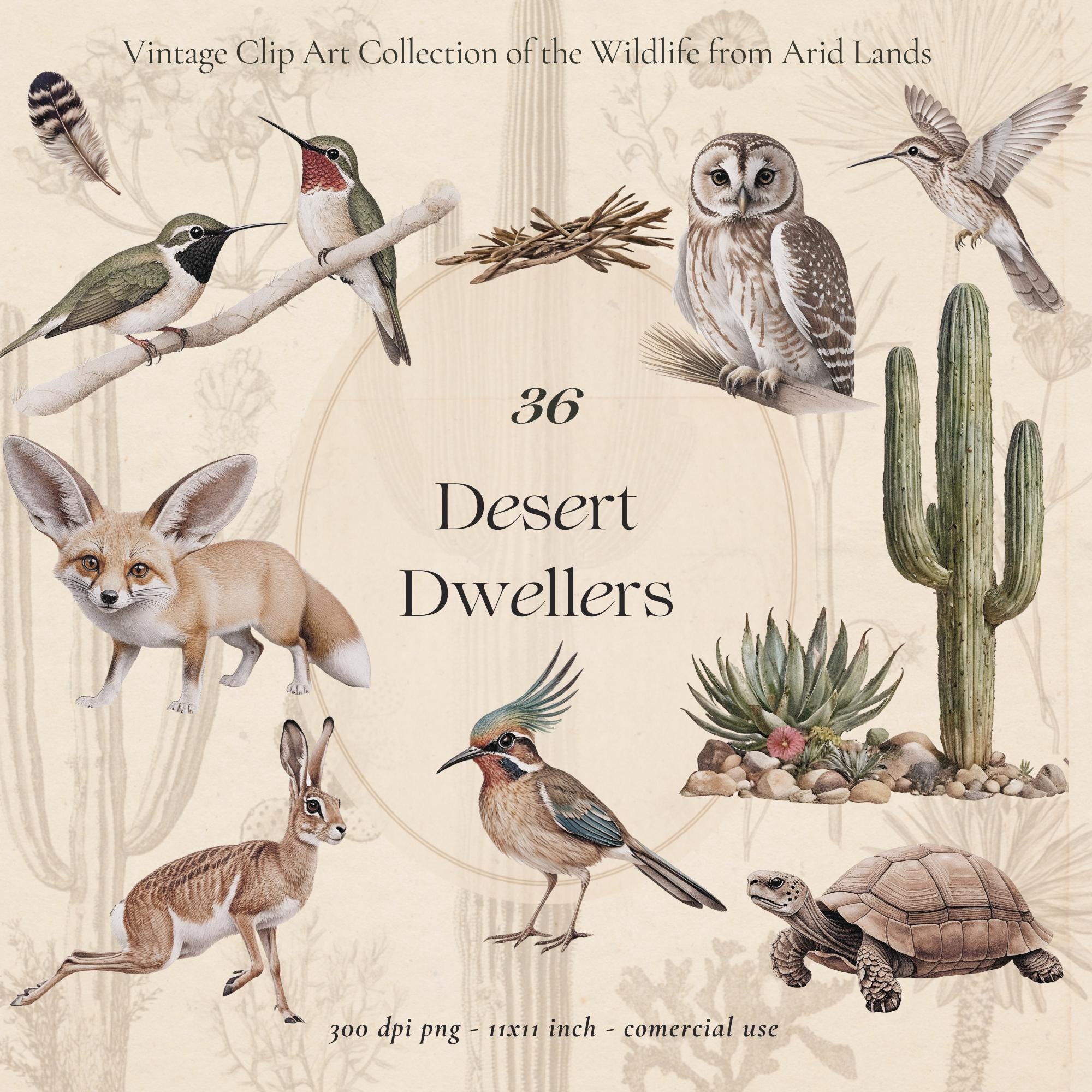 Vintage Desert Animals Clip Art Collection – Fennec Fox, Roadrunner ...