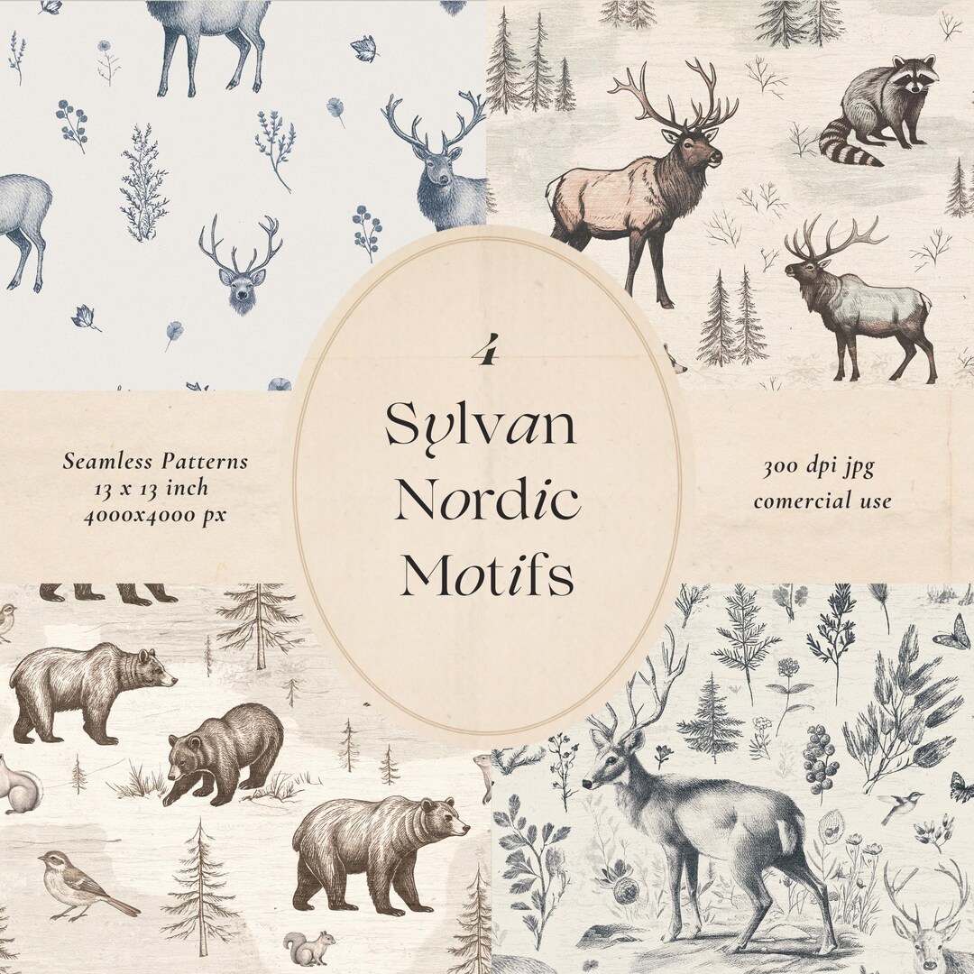 Seamless Boreal Forest Flora & Fauna Patterns – 4 Vintage Line Sketch ...
