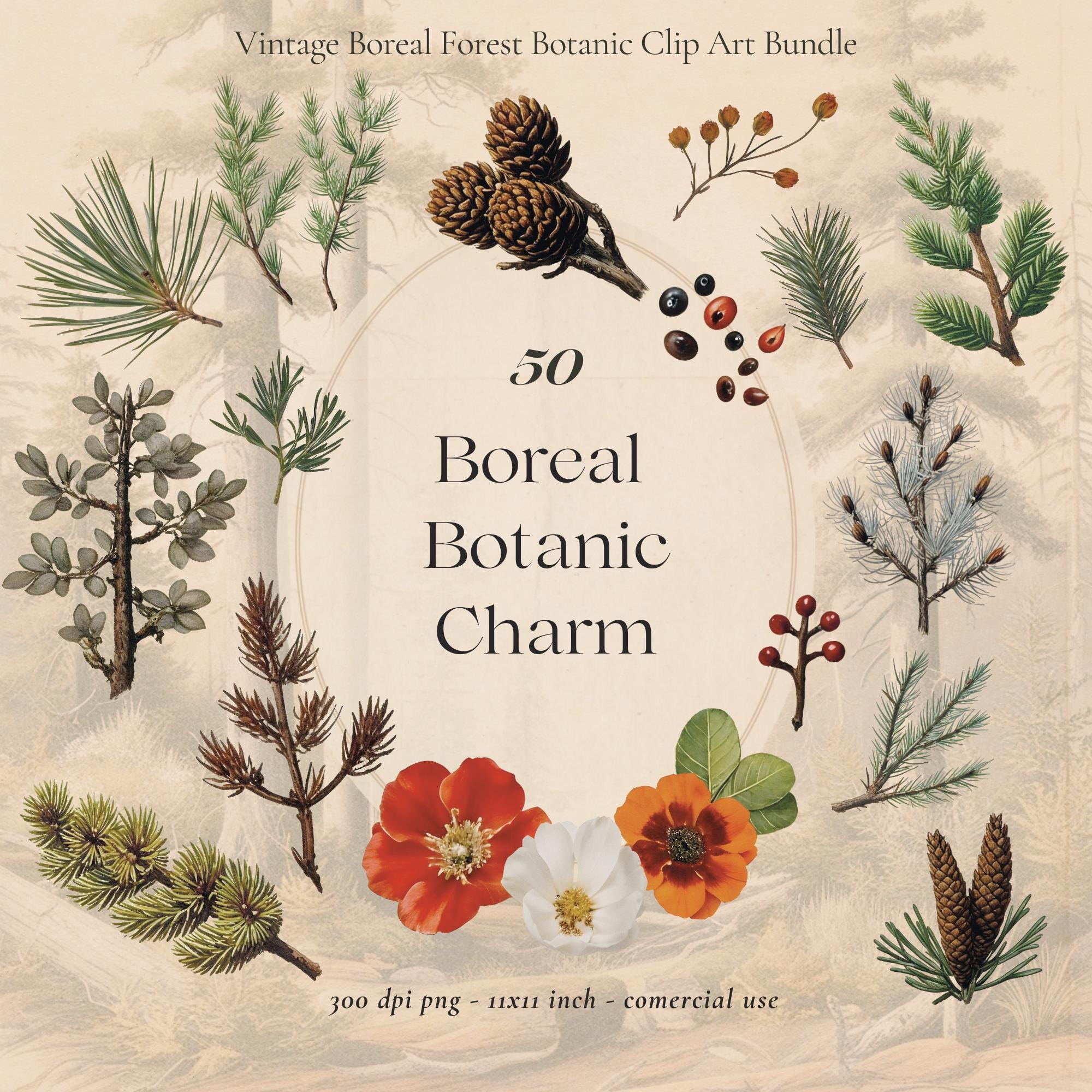 Boreal Forest Botanical Clip Art | Pine Branches, Juniper Sprigs, Pine Cones | 50 Transparent ...