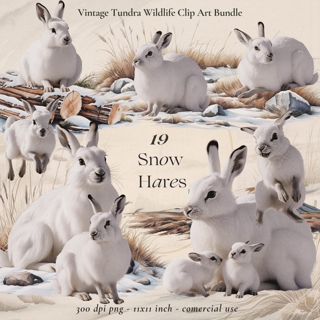 Vintage Arctic Hare Clipart Bundle | 19 Pngs Snow Rabbits, Tundra ...