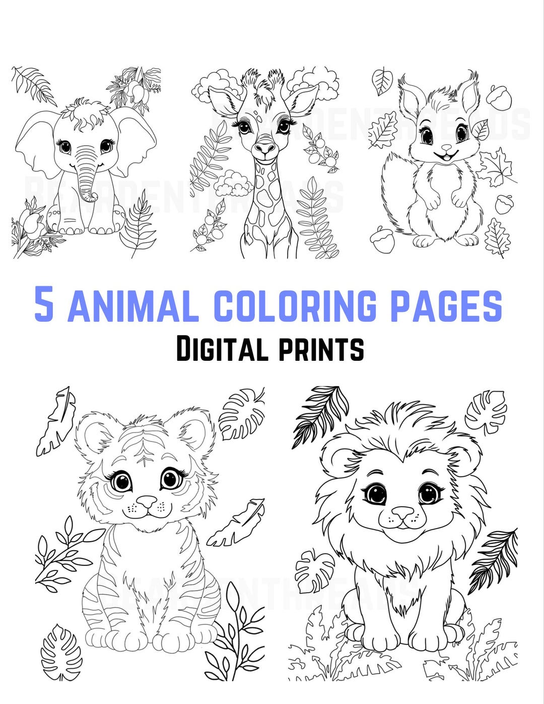 Animal Coloring Book Pages: Kids Activity Prints (digital Prints) - Etsy