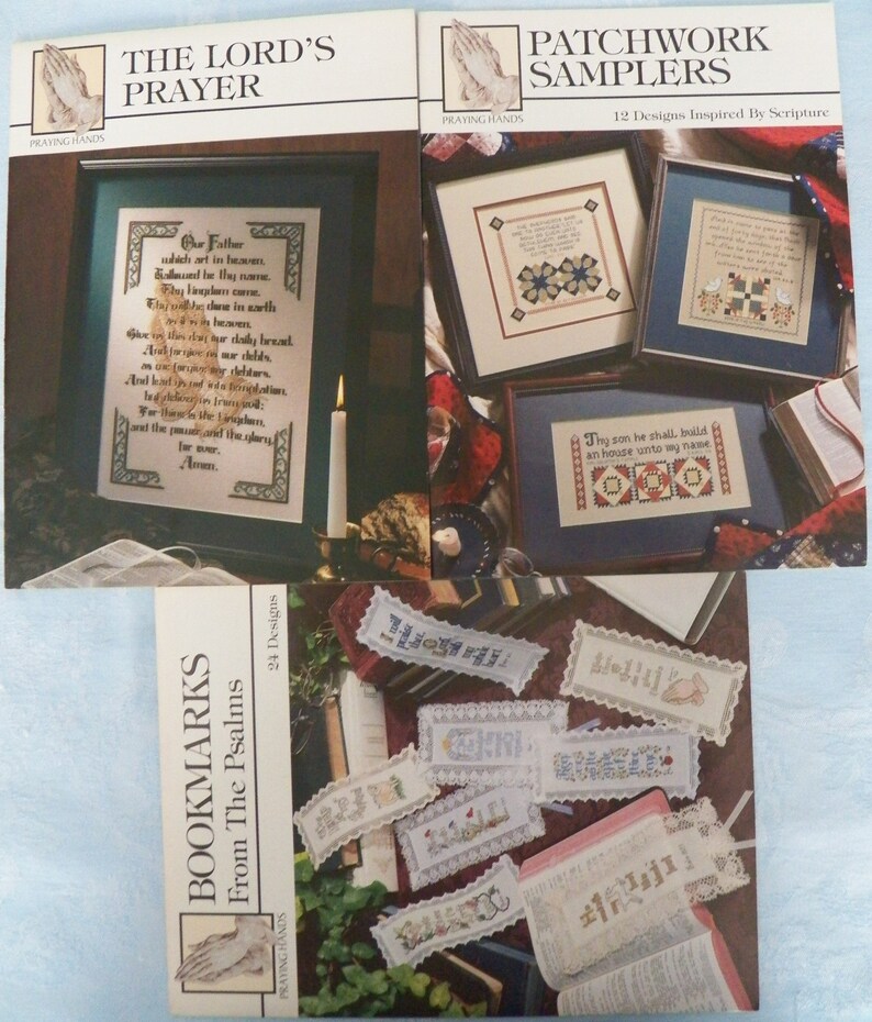 Vintage Leisure Arts praying Hands Scripture Collection Lot of 3 Leaflets Cross Stitch Lords ...