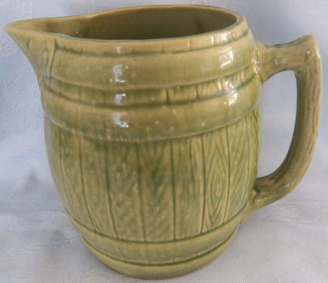 Vintage Pottery Green Barrel Pitcher - Etsy