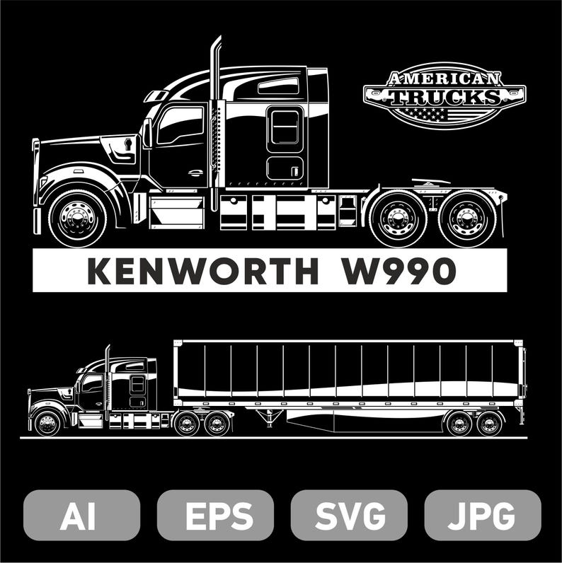 Classic American Semi Truck SVG Bundle. Side View Tractor on Black ...