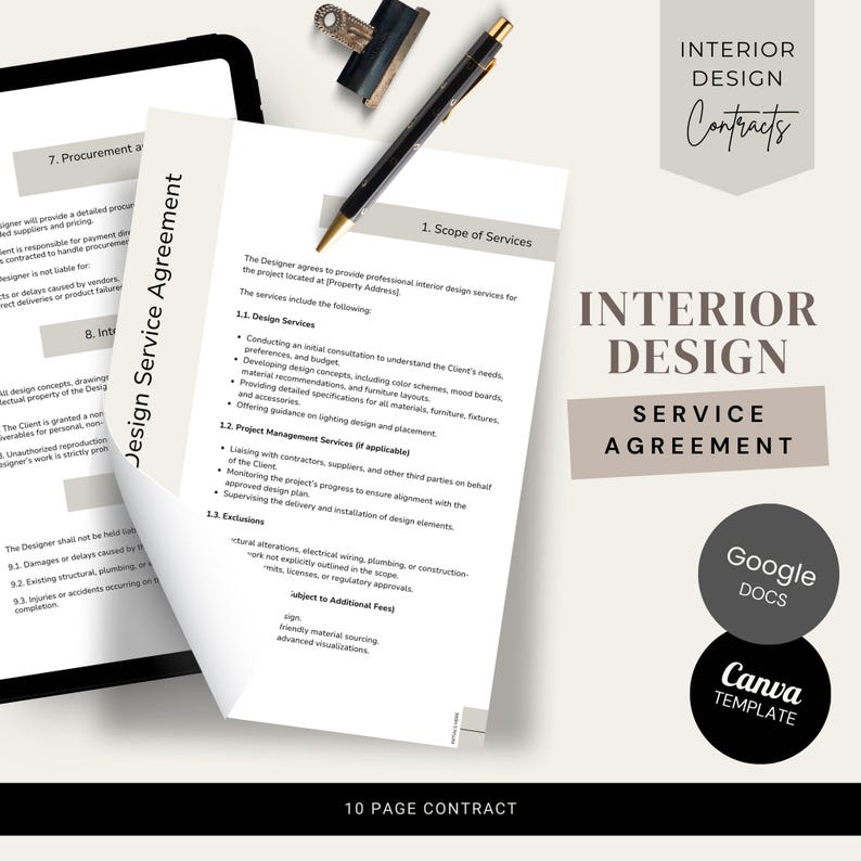 Editable Interior Design Contract Template | Interior Design Services Agreement | Canva Template ...
